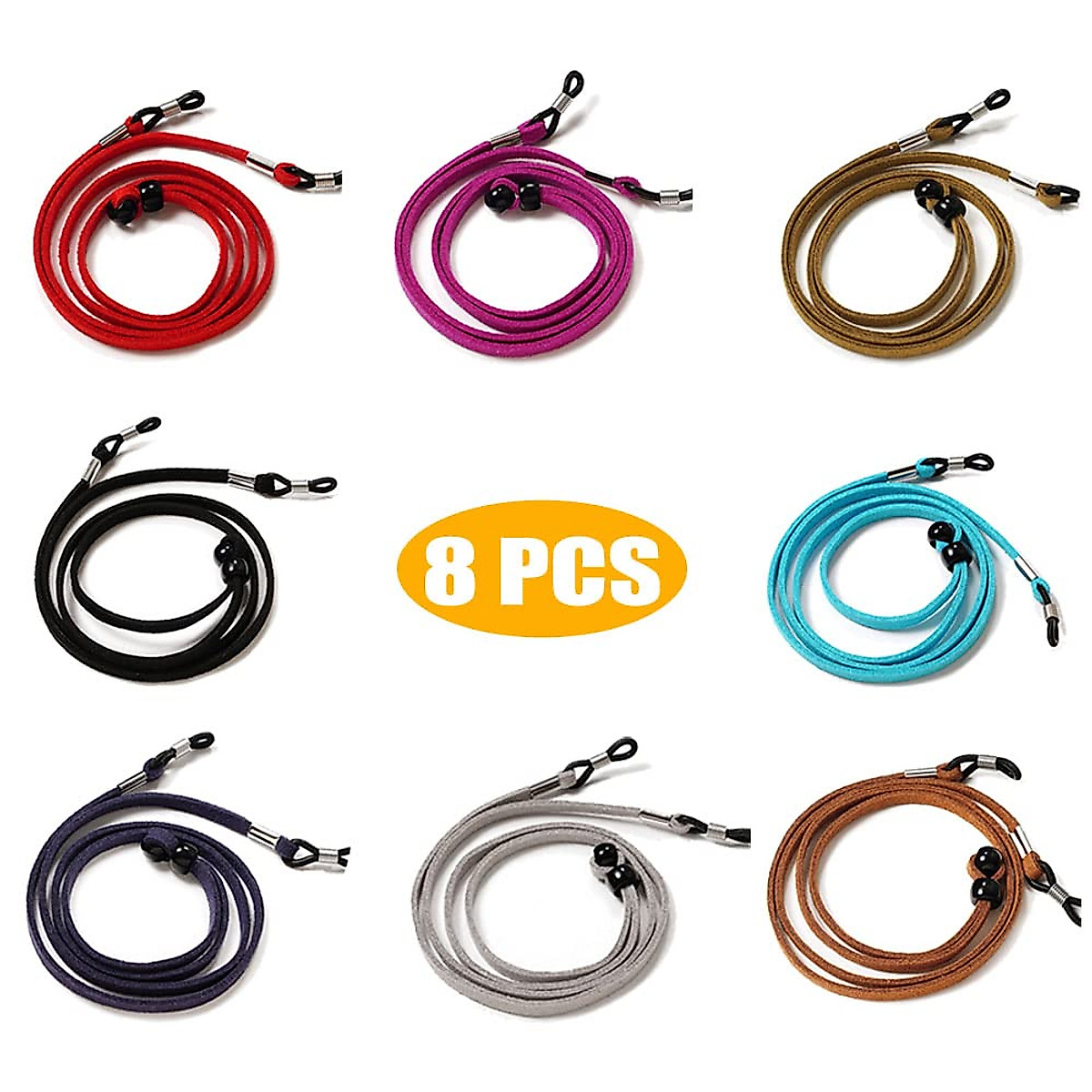 8PCS Premium Leather Eyeglass Straps, Adjustable Eyewear Retainers, Anti slip Eyeglass Chains Lanyard, Black, Gray, Brown, Blue, Dark Blue, Purple, Red 15 YJS Yjs001