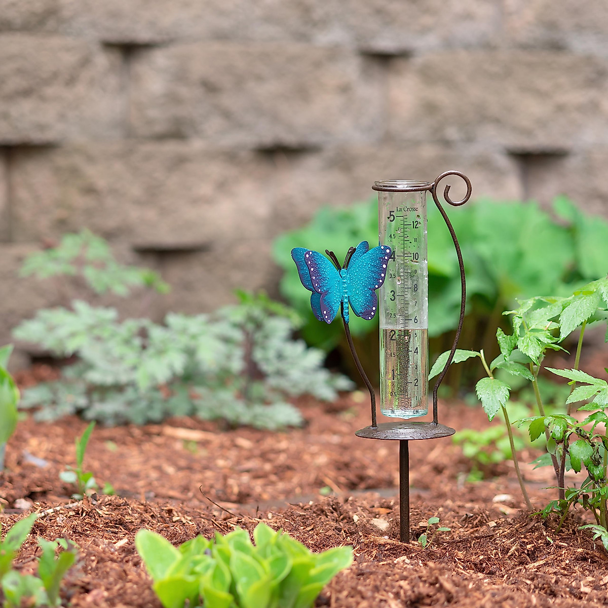 La Crosse 704-4645B Blue 5 inch Capacity Glass Butterfly Rain Gauge with Ground Rod