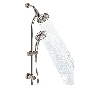 Egretshower Handheld Showerhead & Rain Shower Combo for Easy Reach, 27.5" Drill-free Stainless Steel Slide Bar, 5”of 5-setting Handheld Shower and Showerhead, with 5ft Hose -Brush Nickel