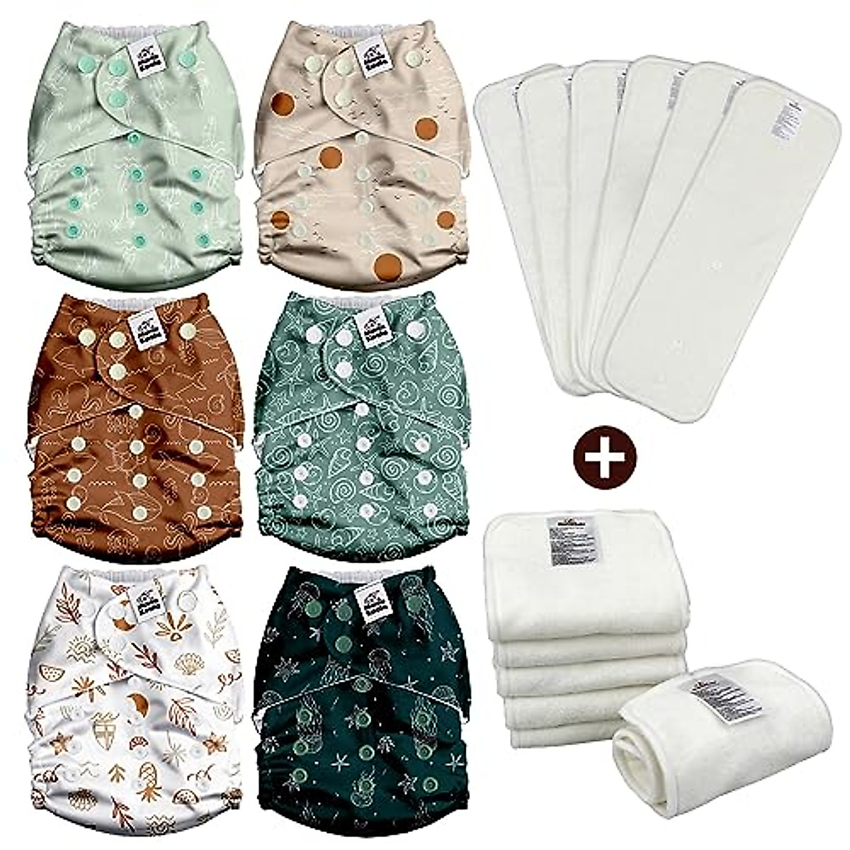 Mama Koala 2.0 Baby Cloth Diapers with 6 Inserts Bundle(Seashore), with 5-Layer Bamboo(No Microfiber) Inserts, 6pcs