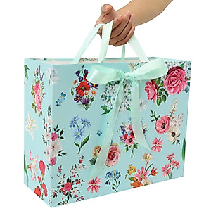 13" Large Green Gift Bags Set with Greeting Card and Tissue Papers (Roses and Flowers) for Celebrating Birthdays, Mother's Day, Weddings, Anniversary, Valentine's Day - 13”x5.2”x10.2”, 1 Pcs.