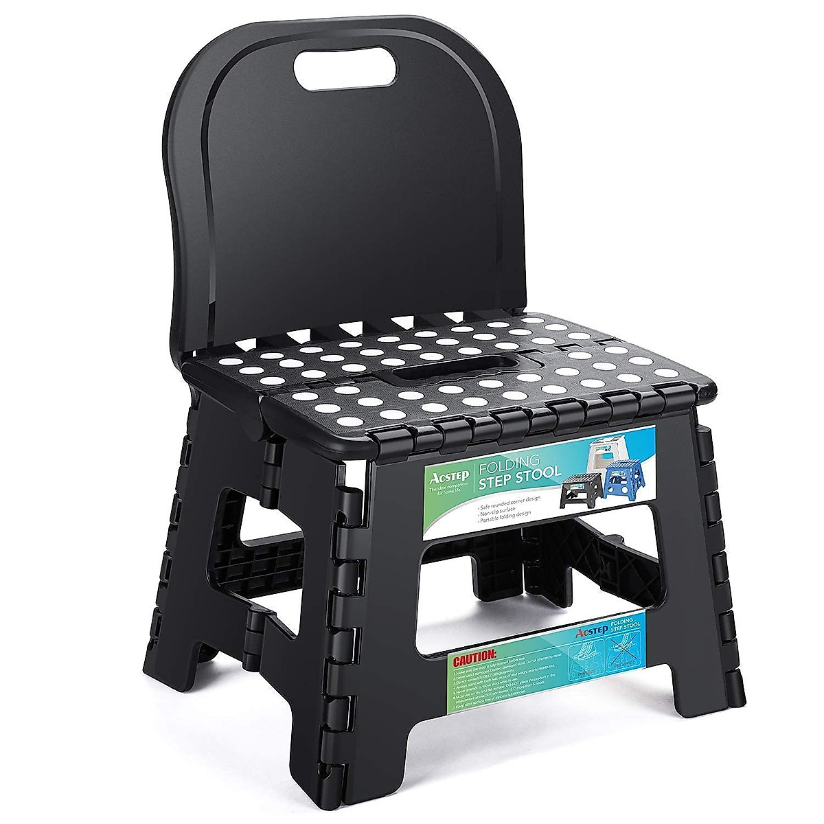 ACSTEP Folding Step Stool, Include Extra Wide Heavy Duty Stepping Stool and Back Support Foldable Step Stool Black