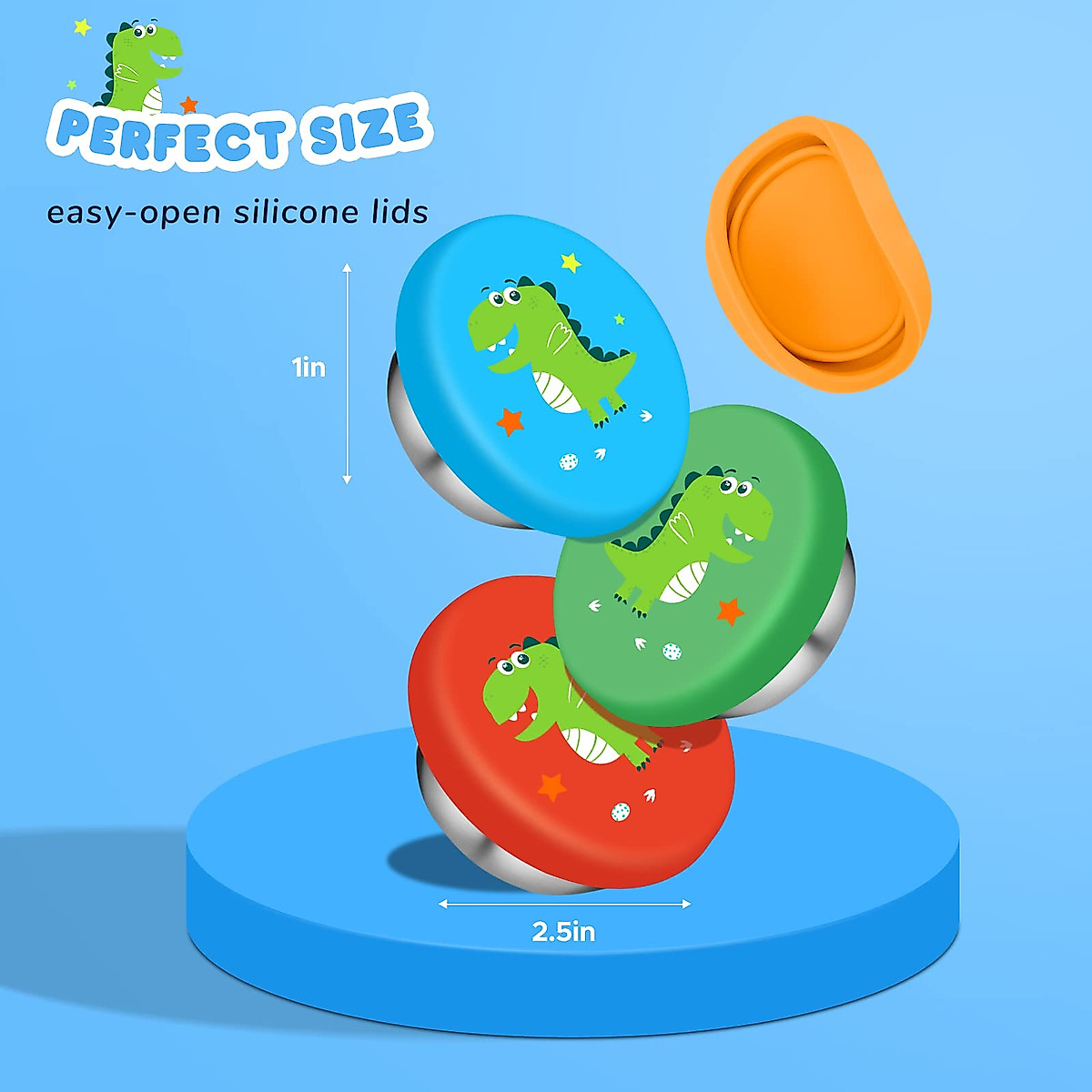 MAIGOZON Kids Salad Dressing Containers To Go, 1.7 oz Small Condiment Containers with Dinosaurs Leakproof Silicone Lids, Reusable Stainless Steel Sauce Dip Cup for Kids Boys Lunch Bento Box, 4PCS