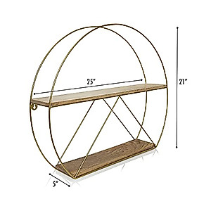 kimisty Gold Round Wall Shelves, Large Circular Floating Shelf for Bathroom, Living Room, Kitchen and Bedroom, Brass Geometric Wall Decor, Metal Sconce Shelf with Mango Wood, Boho Accent Display