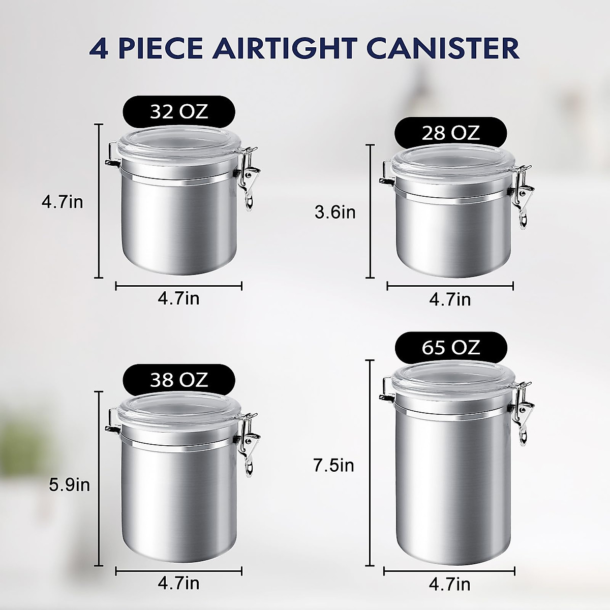 ENLOY 4-Piece Stainless Steel Airtight Food Storage Canister Set with Clear Lid, Canister Sets for Kitchen Counter for Sugar, Flour, Tea, Candy, Cookie, Spice, 28/32/38/65 oz