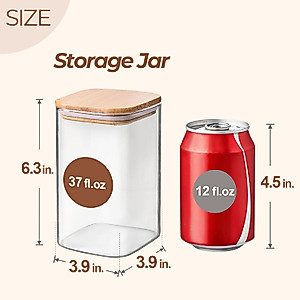 ComSaf 37 oz Glass Storage Containers with Lids, Glass Jars with Lids, Clear Food Jar, Square Canister Set of 6, Pantry Organizers and Storage for Cookie Flour Oat Pasta Tea Coffee Bean