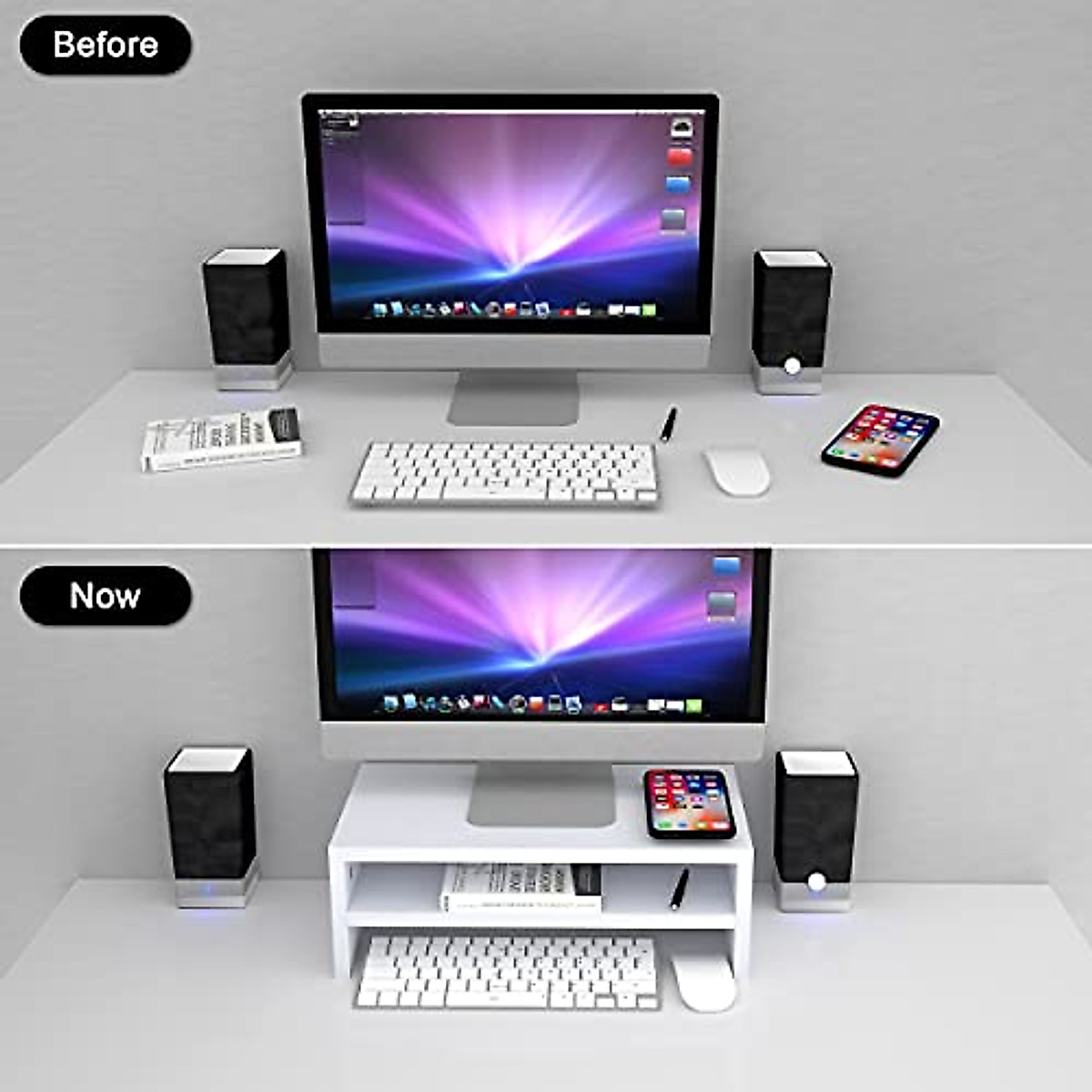 VLikeze White Monitor Stand Riser, 2 Tiers Computer Monitor Stand with Storage, Desktop Organizer Screen Shelf Laptop Riser Stand for Printer/TV/Notebook/PC, 16.5 Inches