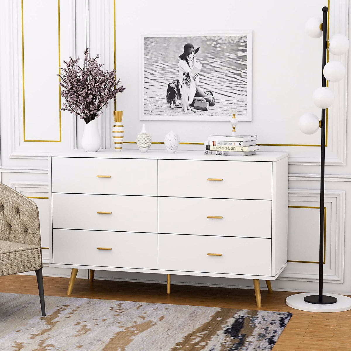 JOZZBY White Dresser, 6 Drawer Dresser for Bedroom with Wide Drawers and Metal Handles, Modern Wood Storage Chest of Drawers for Living Room Hallway Entryway