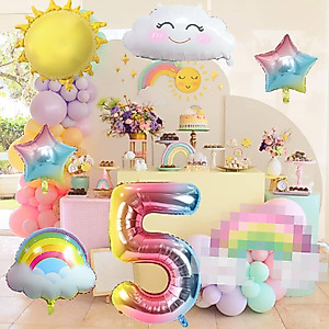 5th Birthday Decorations Girl, 5th Rainbow Birthday Balloons Set with Sun Rainbow Gradient Stars and 40 Inch Number 5 Foil Balloon for Rainbow Theme Girls 5th Birthday Party Decoration Supplies