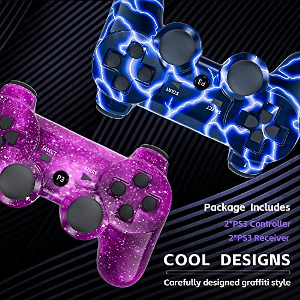 Burcica PS3 Controller 2 Pack Wireless Motion Sense Dual Vibration Upgraded Gaming Controller for Sony Play Station 3 with Charging Cord (Blue+Purple)