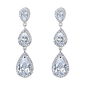 EVER FAITH Women's Cubic Zirconia Elegant Bride Bridesmaids 3 Teardrop Dangle Earrings Clear Silver-Tone