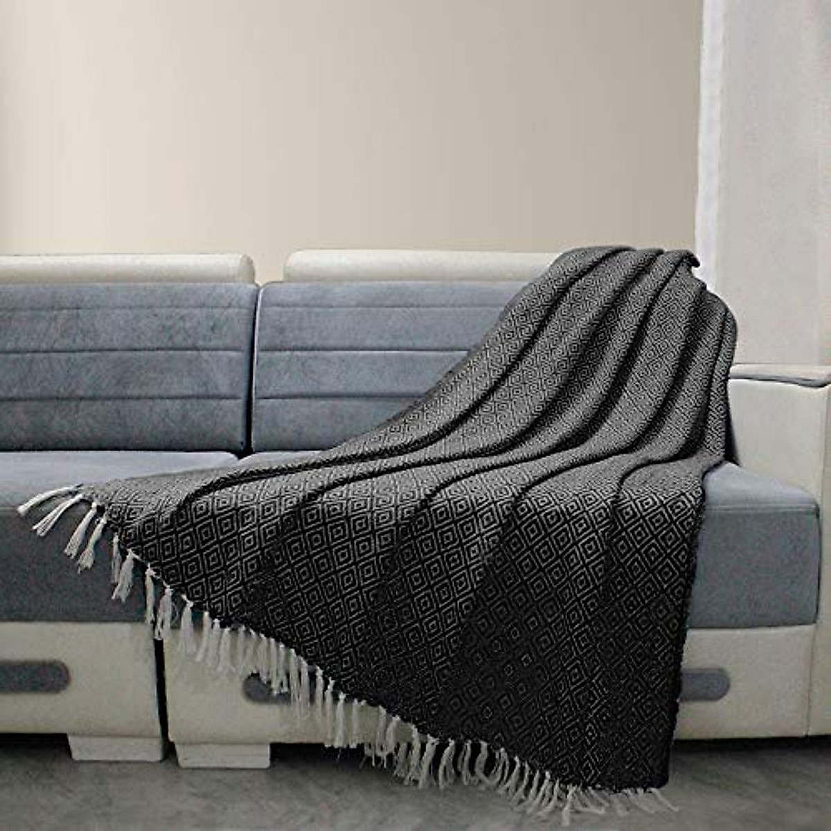 Black Throw Blanket Woven Country Rustic 100% Cotton Luxury Quality Sofa Couch Bed Throws Mini Diamond 50 x 60 Inches