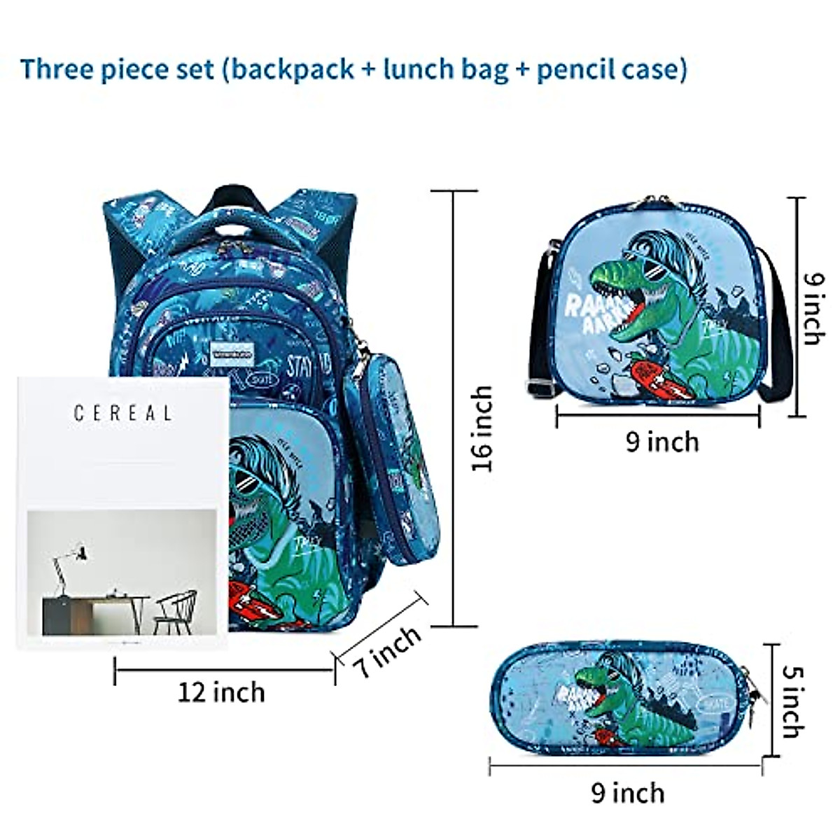 Cusangel Kids Backpack Boys,Boys Backpack with Lunch Box Multi Compartment Backpack, Dinosaur Backpack Chest Strap Side Pockets 16 Inch
