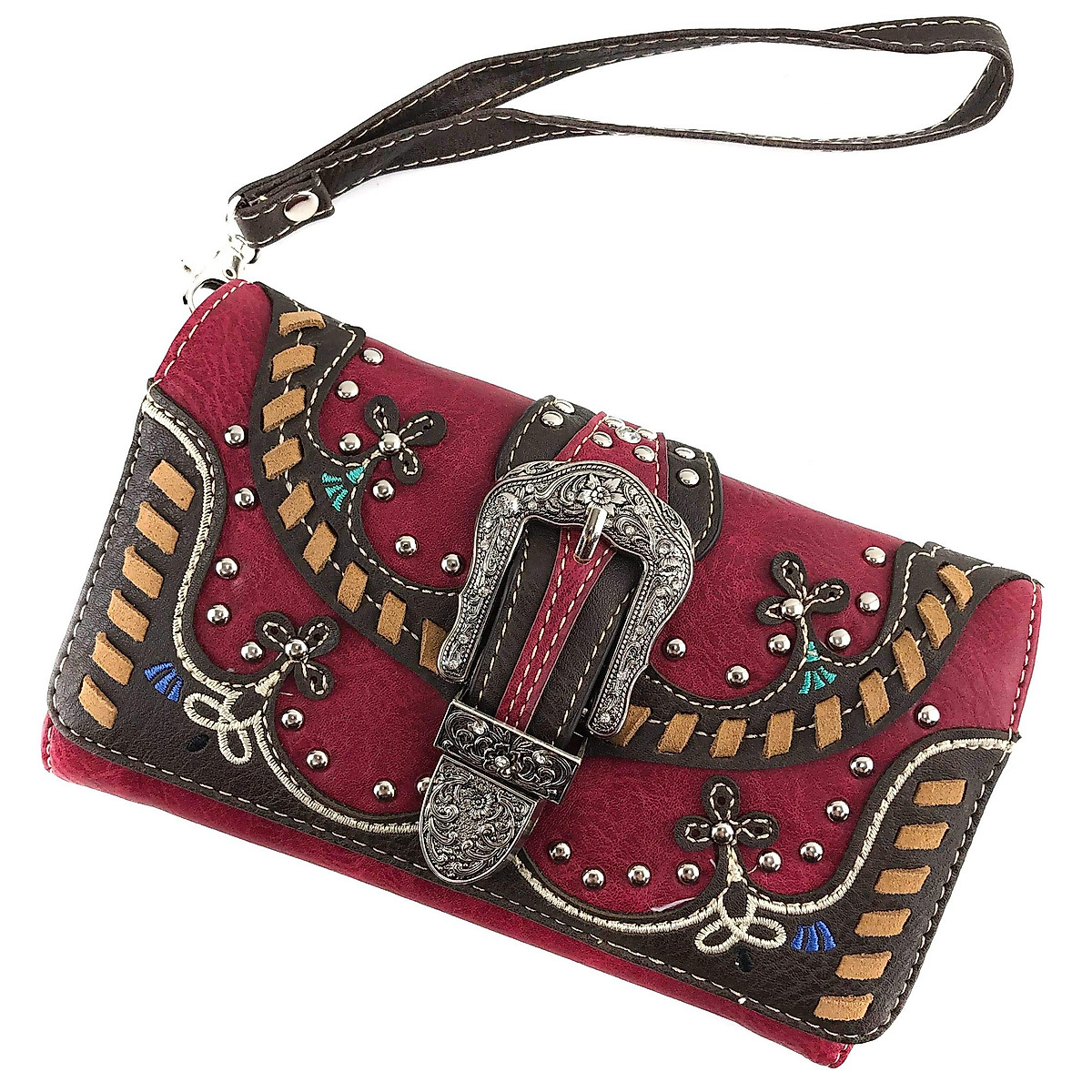 Zelris Western Moccasin Flower Buckle Women Crossbody Wrist Trifold Wallet (Rose Red)