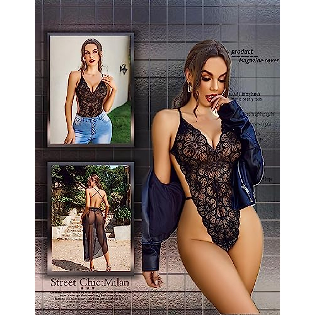 Avidlove Women Lingerie Sexy Nightgown 2 pieces Set Lace Teddy Sheer Wrap Skirt Black Medium