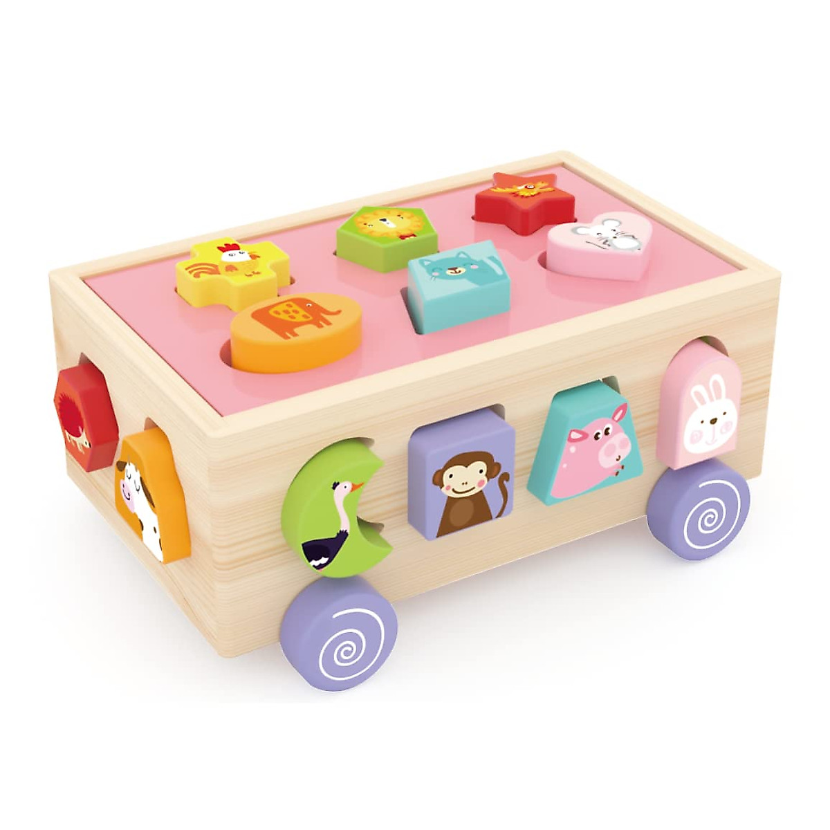YUHAIPI Shape Sorter Car,Solid Wood,18 Building Blocks with Animal & Numbers Photos,Best Game for Hand-Eye Coordination &Thinktraining,Great Gift for 2-3-4 Years Old Boys and Girls.