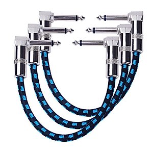 GOGHOST 6 Inch Guitar Patch Cable with 1/4" Right Angle Plugs, Black and Blue Tweed Woven Jacket (3Pack)