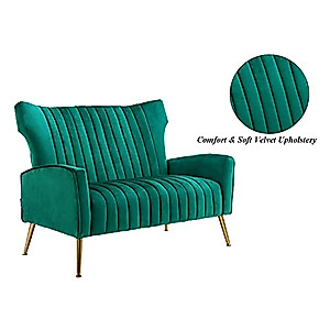 Altrobene Velvet Couch Modern Wingback Loveseat Tufted Luxury Sofa with Gold Legs for Living Room/Bedroom, Green