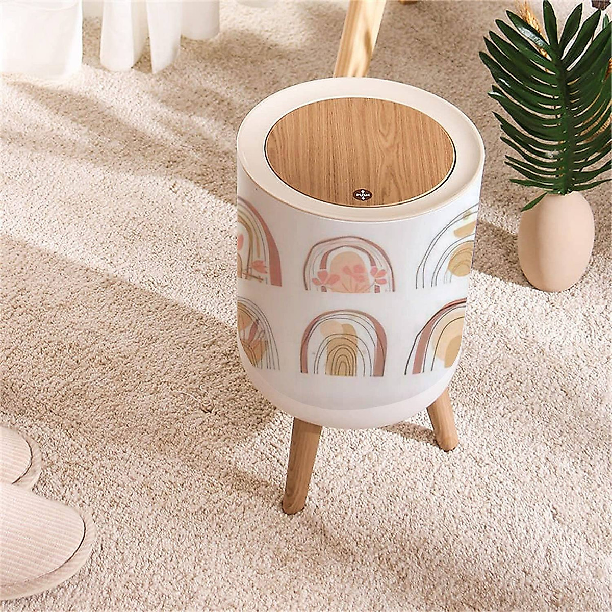 Small Trash Can with Lid Boho Scandinavian Nursery Rainbow abstract flowers sun A minimalist print for Round Recycle Bin Press Top Dog Proof Wastebasket for Kitchen Bathroom Bedroom Office 7L/1.8