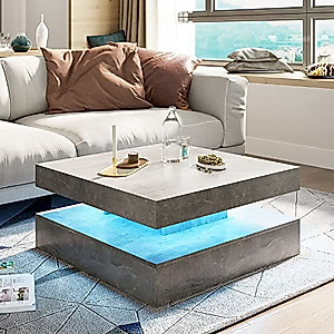 HedoAjim LED Coffee Table for Living Room, Living Room Table 2-Tier Square Middle Center Table, Modern Coffee Tables with Storage, Contemporary Wood Tea Tables for Dining Reception, Grey