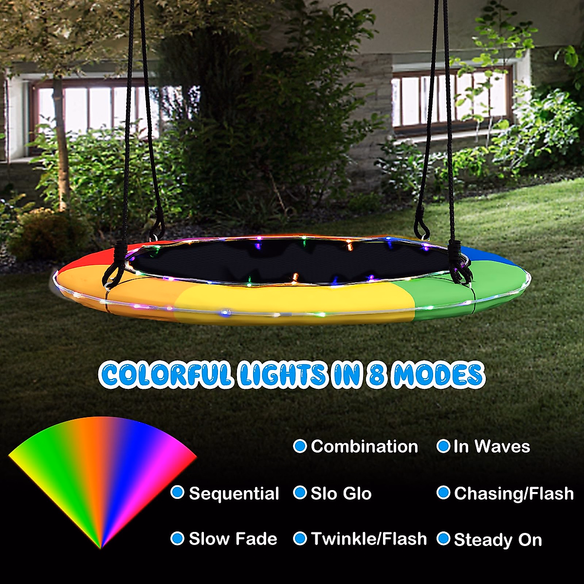 Costzon 40” Flying Saucer Tree Swing with LED Lights for Kids Adults, Indoor Outdoor Saucer Swing with Adjustable Multi-Strand Hanging Ropes, Safe Round Swing for Tree, Swing Set, Backyard (Colorful)