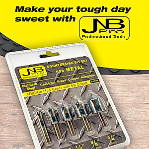 JNB Pro Metal Countersink Drill Bit Set - 5PC High-Speed Steel with M35 HSS-Co Grade 5% Cobalt, Sizes 1/4", 3/8", 1/2", 5/8" & 3/4", 82° 5-Flute Design, 1/4" Shank - Ideal for Stationary or Hand Drill