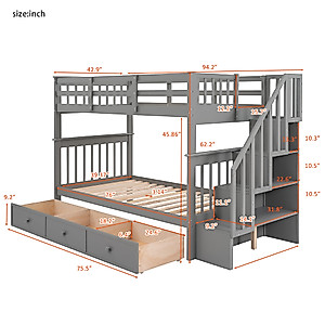 Harper & Bright Designs Twin Over Twin Bunk Bed with Stairs and Guard Rail, Wood Bunk Bed with Storage Drawers Twin Bunk Bed Frame for Bedroom, Dorm, Kids, Teens, Adults (Twin, Gray)