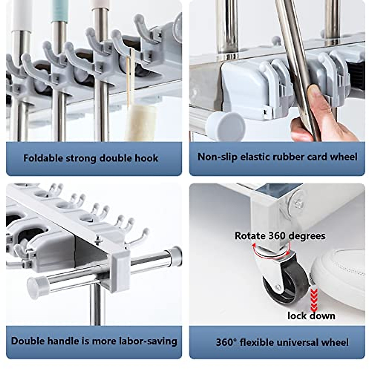 LOJOO Floor Standing Movable Mop Broom Holder Utility Racks, Put Wet mops Cleaning Tool Rack Stainless, Cleaning Tool Cart Storage, for Schools Hospitals Factories Hotels Restaurant