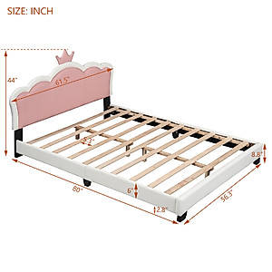 Merax Kid Full Upholstered Day Bed Frame with Crown Headboard, Wood Princess Low Platform Bed for Boys Girls,Easy Assemble White+Pink