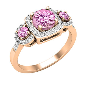 Dazzlingrock Collection Round Lab Created Pink Sapphire & Natural White Diamond Women 3 Stone Halo Style Engagement Ring, 10K Rose Gold, Size 7