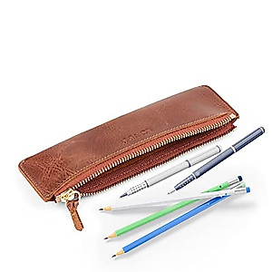 Londo Genuine Leather Pen Case with Zipper Closure, Pencil Pouch Stationery Bag (Brown v2)