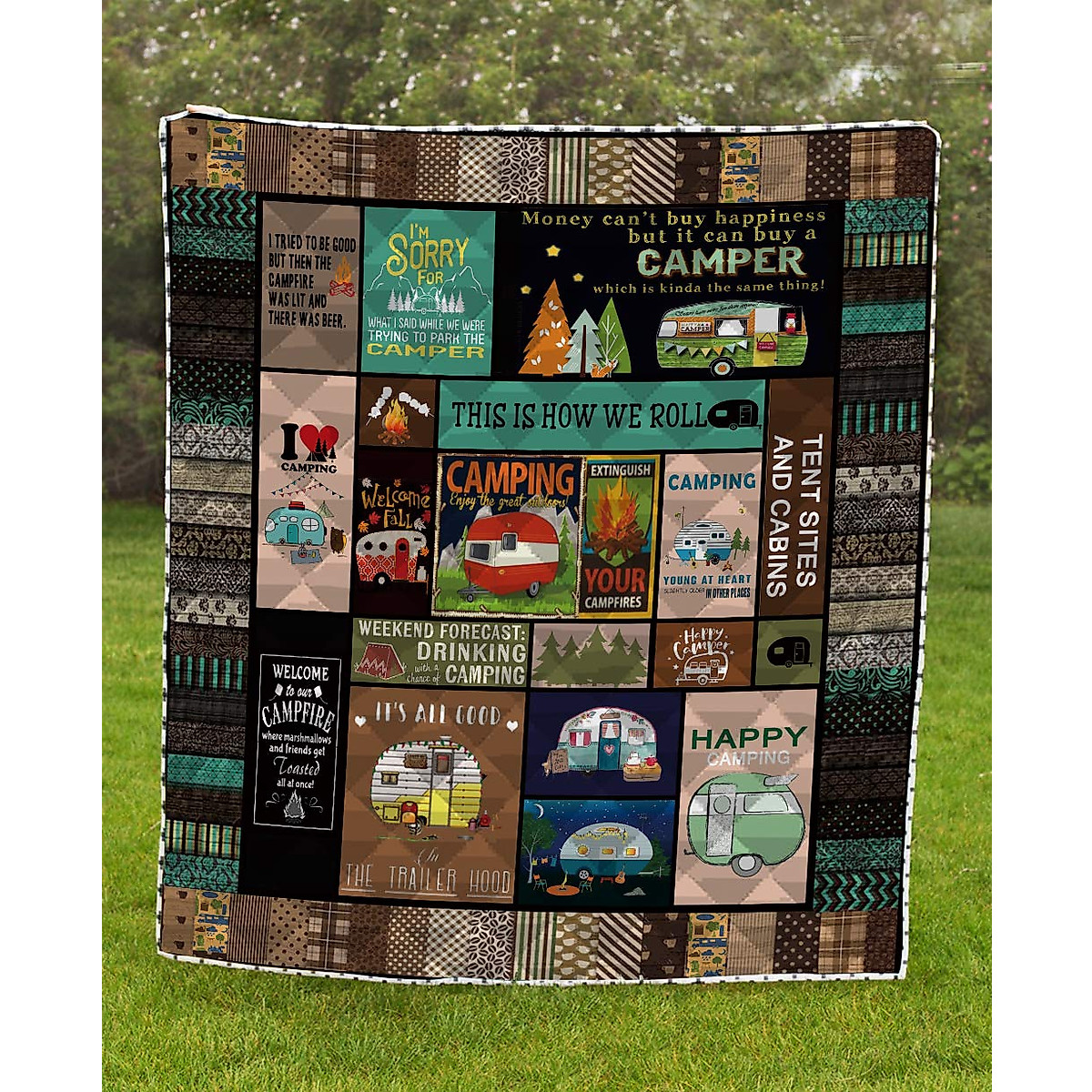 LIVIN' ILLUSION Camping1 Quilt Pattern Blanket Quilted Christmas Birthday Customized Little Kids Graduation Gifts All Season Warm Quilt Blanket for Bed Sofa (Queen 80"×90"(200cm×230cm))