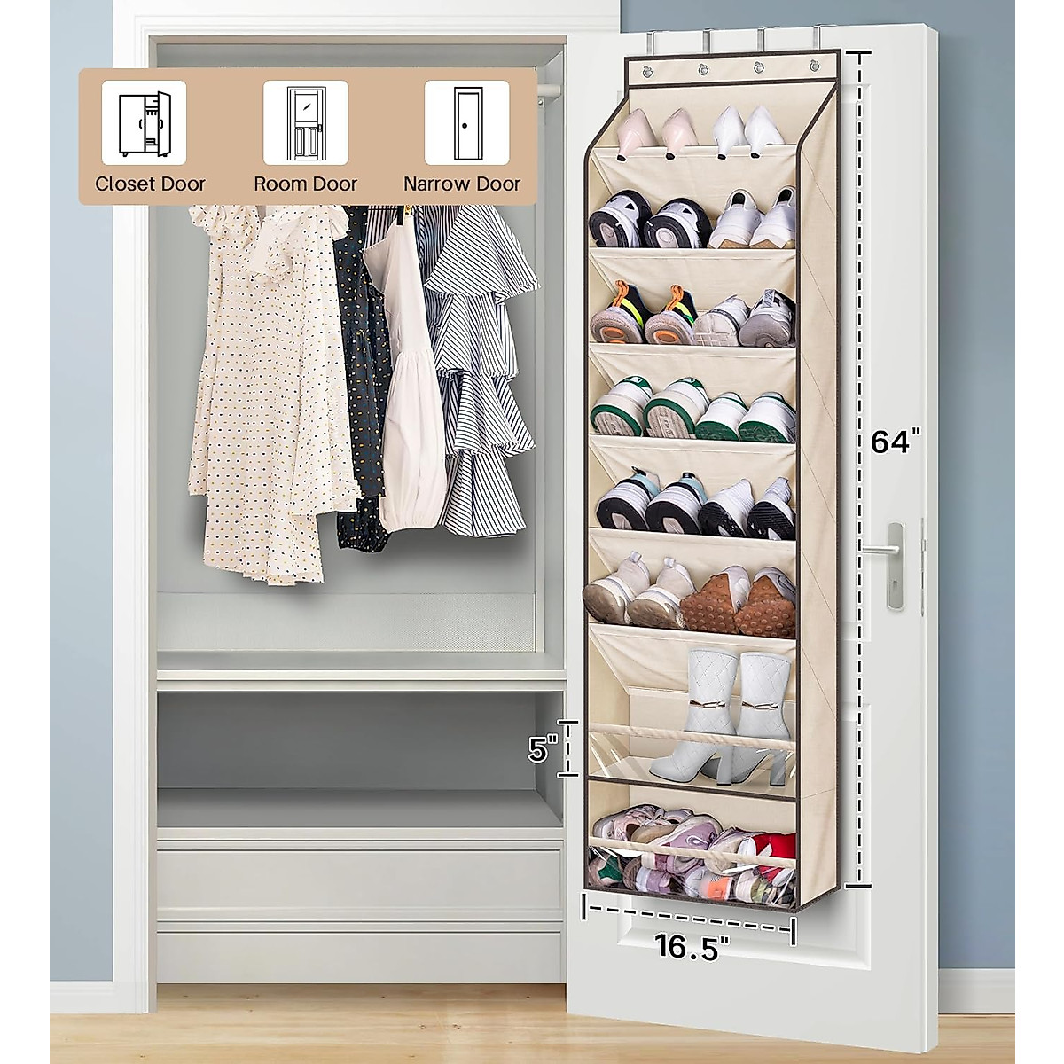 KEETDY Over The Door Shoe Organizer Fit 20 Pairs Sneakers Large Hanging Shoe Organizer for Closet Door Storage Boots, Beige