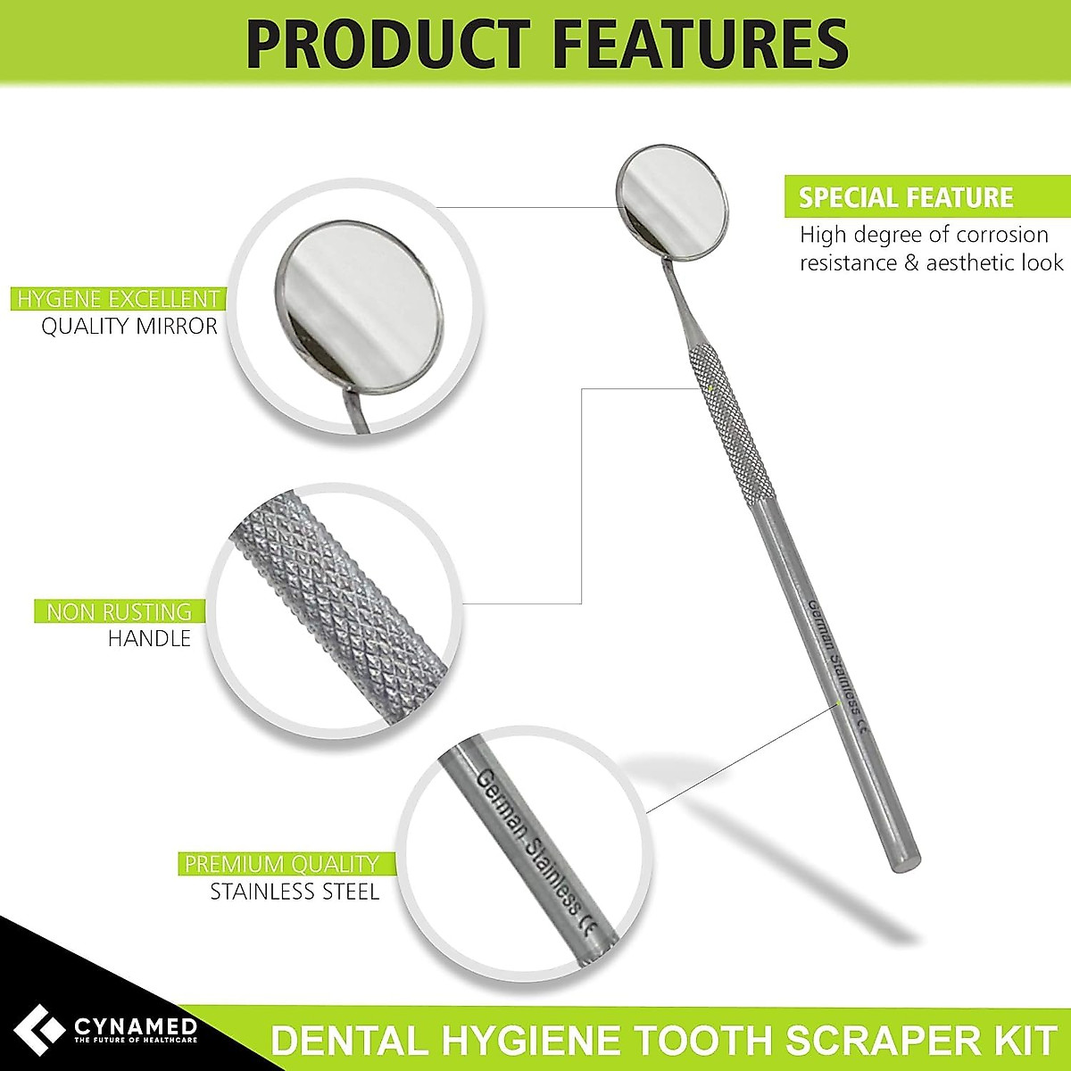 CynaMed Dental Tools Oral Care Kit (5-Pack) – Stainless Steel Dental Pick, Tartar Scraper, Scaler, Tweezers, and Mouth Mirror for Personal & Pet Use