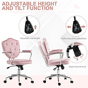 HOMCOM Cute Home Office Chair, Computer Desk Chair with Button Tufted Velvet-Feel Fabric, Swivel Vanity Chair, Pink