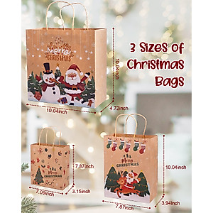 IGbunify 24 Pcs Assorted Sizes Christmas Kraft Gift Bags with Handles，Christmas Goody Bags for Xmas School Gift Wrapping and Party Favors-3 Pattern & 3 Sizes