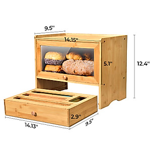 Bamboo Bread Box with Storage Bags Organizer, Corner Bread Box for Kitchen Countertop, Bread Box for Homemade Bread with Window, Bamboo Kitchen Zip Baggie Organizer for Drawer, Pantry Counter Corner