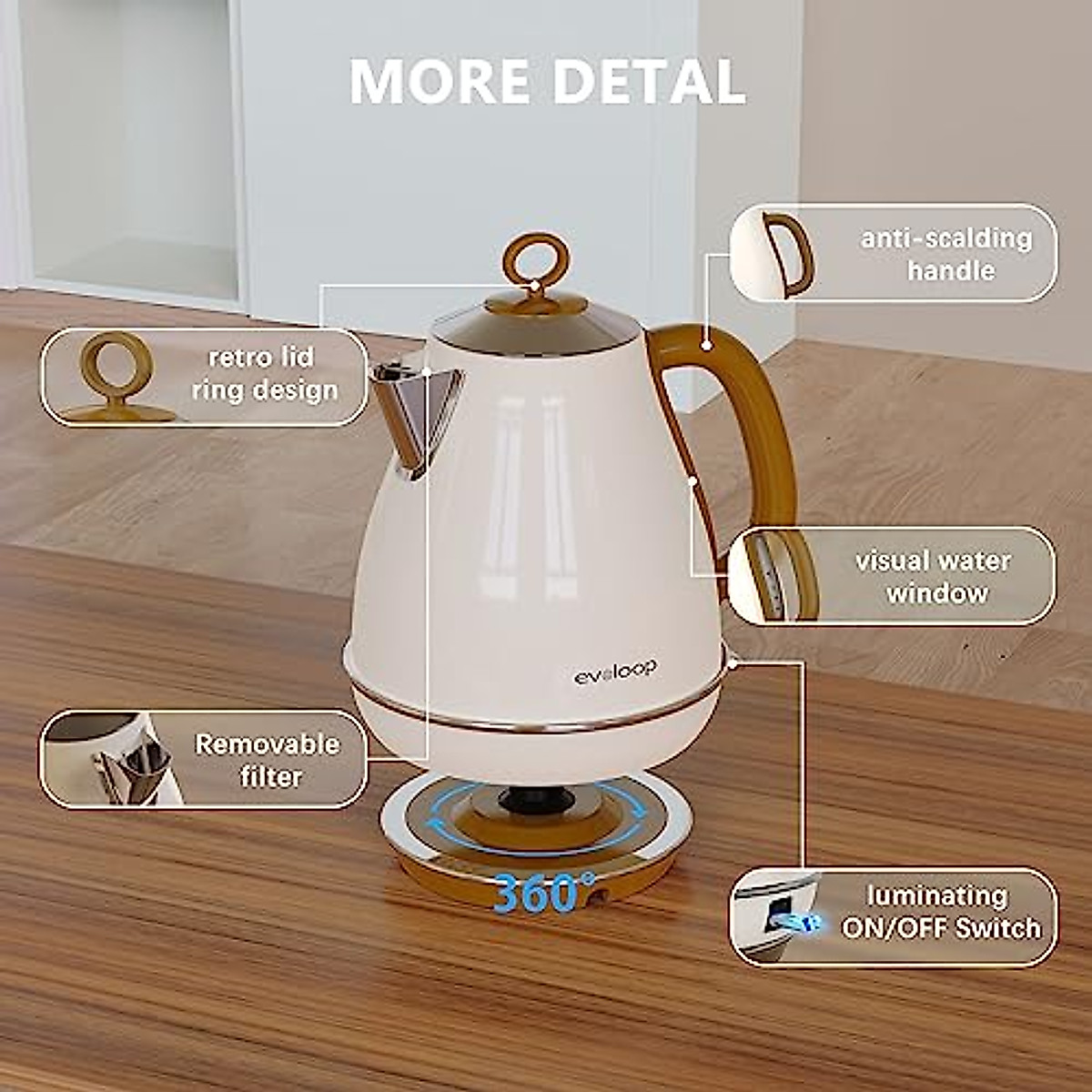 Evoloop 1.7L Electric Kettles, BPA Free Tea Kettle, Hot Water Boiler Heater, Stainless Steel Teapot, Auto Shut-Off & Boil-Dry Protection, 120V/1500W