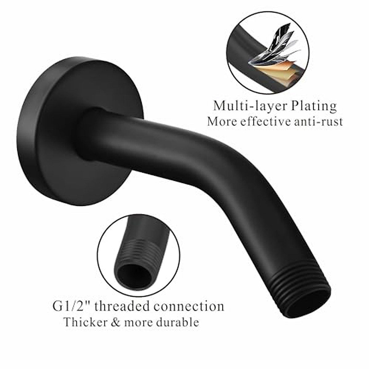 Voolan Shower Arm with Flange and Teflon Tape, Extension Shower Head Arm for Bathroom Fixed Shower Head, Solid Stainless Steel, Wall Mounted (6 Inch,Black)