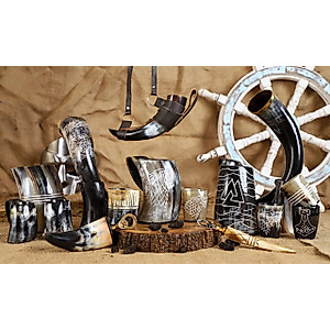 Bhartiya Handicrafts Viking Drinking Horn with Stand - Unique Genuine Ox Horn - Handmade Horn- Mjolnir Carved Horn - Thor Horn 4 pieces