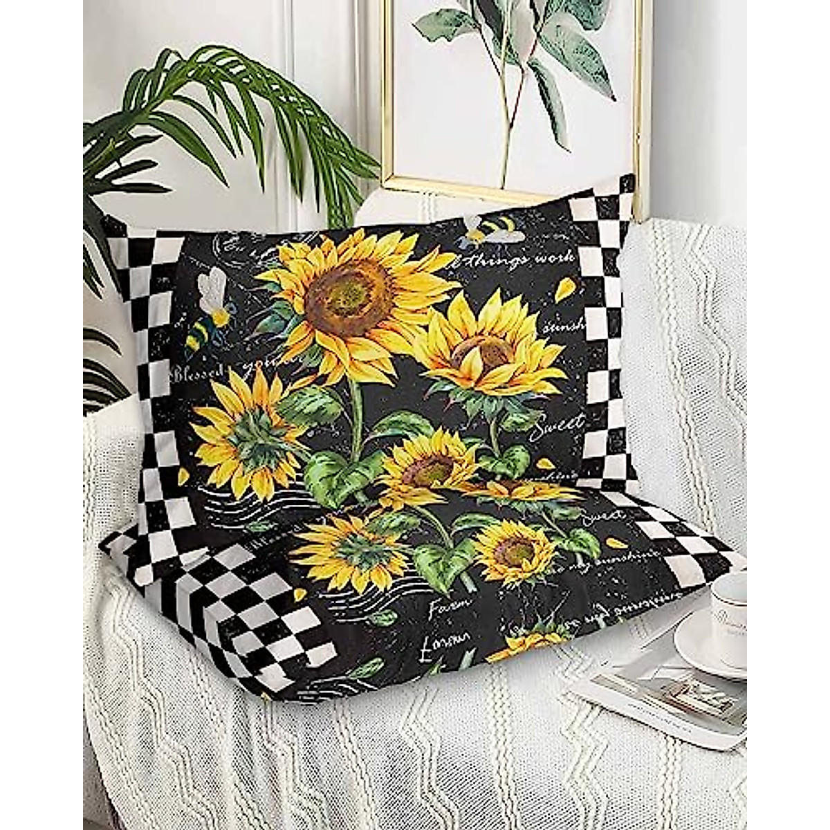 Sunflower Pillow Covers Standard Size Set of 2 20x26 Bed Pillow, Farmhouse Spring Floral Bee Rustic Black White Plaid Plush Soft Comfort for Hair/ Skin Cooling Pillowcases with Envelop Closure