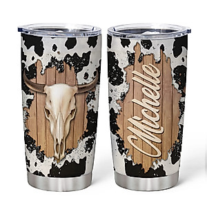 Hyturtle Personalized Cow Tumbler Cowgirl 20oz Tumbler with Lid Gift for Cow Lover Women Girl Daughter Farm Animal Lovers on Christmas Birthday - Cow Skull Custom Name 20oz Stainless Steel Tumbler