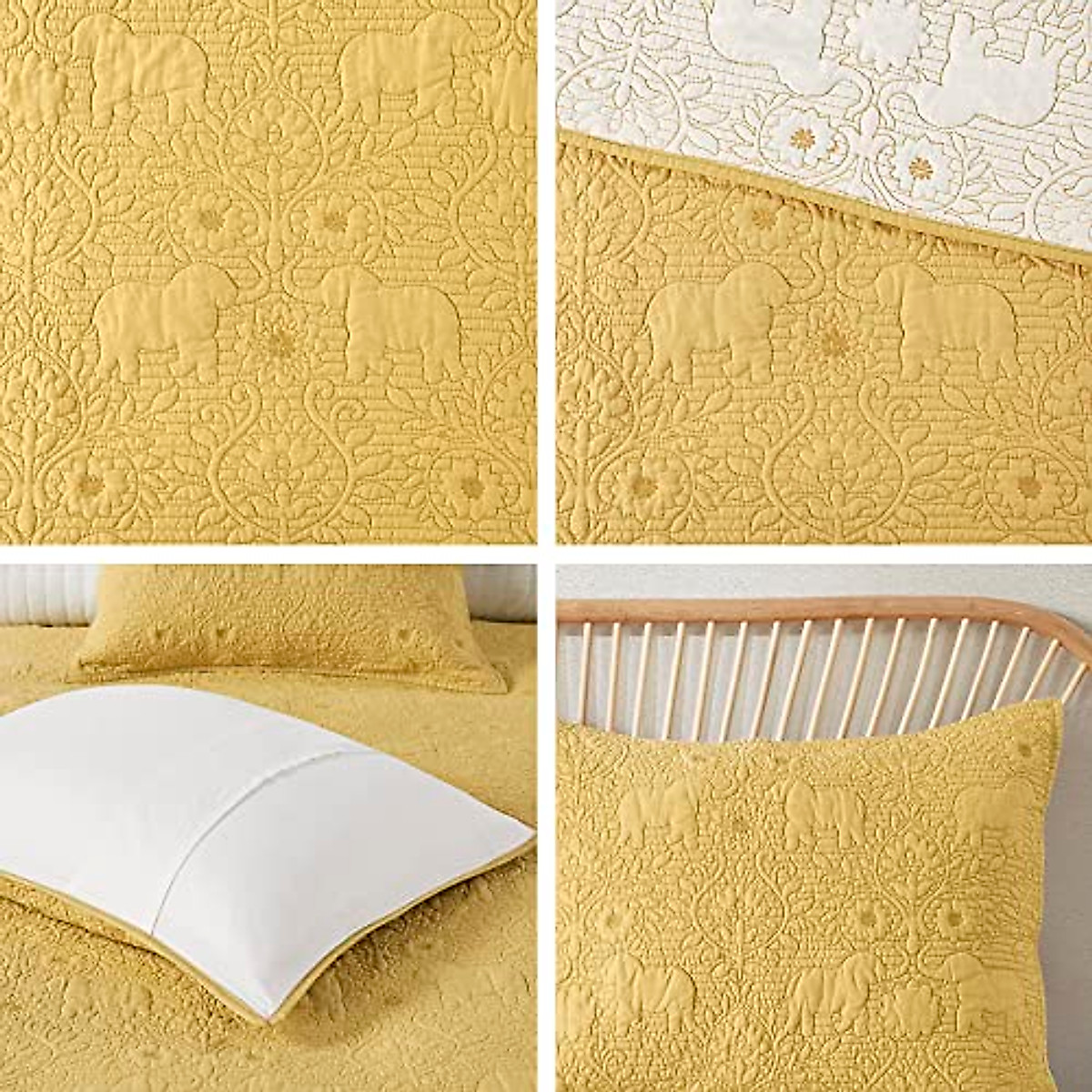 Ink+Ivy Kandula King/Cal King Size Quilt Bedding Set - Mustard Yellow , Quilted Floral, Elephants – 3 Piece Bedding Quilt Coverlets – 100% Cotton Percale Bed Quilts Quilted Coverlet