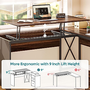 Bestier Lift Top L Shaped Desk with File Drawer, 55'' x 55'' Office Desk with Reversible Storage Drawers, L Shaped Standing Desk with Computer Monitor Stand (Walnut, 55'' x 55'')