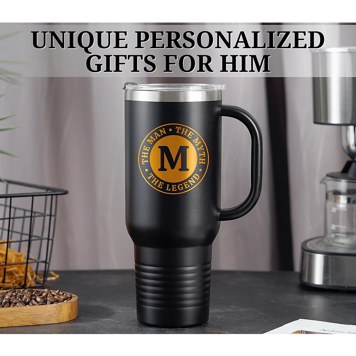 the Man the Myth the Legend, Monogrammed 40oz Tumbler with Handle for Men, Funny Personalized Travel Mug, Unique Birthday Christmas Gifts for Him, D