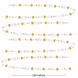 52 Ft Pink and Gold White Love Heart Garland Hanging Paper Streamer Banner for Anniversary Mother's Day Valentines Day Bachelorette Engagement Wedding Bridal Baby Shower Birthday Party Decorations