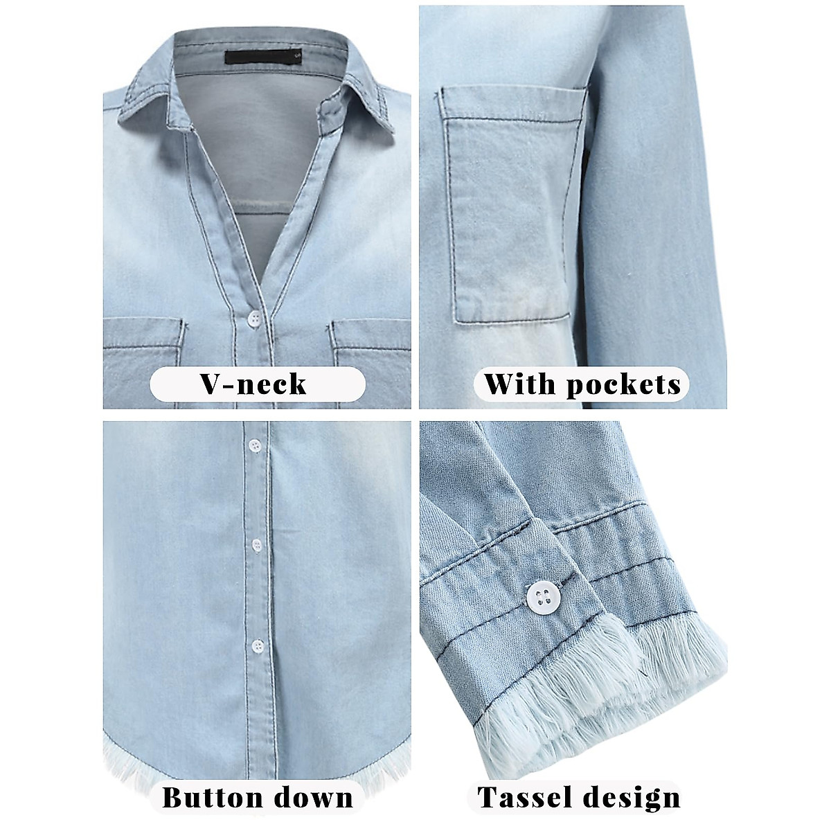 Zilcremo Women Denim Shirt Dresses Long Sleeve Distressed Jean Dress Button Down Casual Tunic Top Lightblue XXL