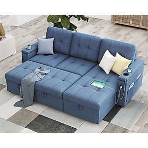 AMERLIFE 84 Inch Pull Out Couch, Tufted Sofa Bed with 2 USB Sockets & Cup Holders, L Shape Sectional Sleeper Sofa Bed with Storage Chaise- Linen Blue