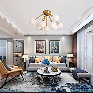 BAODEN Large 9 Lights Modern Globe Semi Flush Mount Ceiling Light Mid Century Sputnik Chandeliers with White Globe Glass Lampshade Brushed Brass Elegant Light Fixture for Living Room Lighting(Gold)