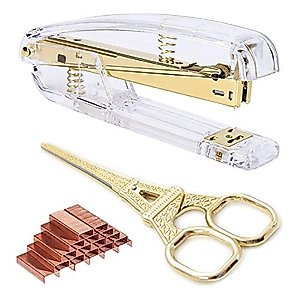 Gold Scissors and Stapler Set - Scissors and Stapler with 1000 Rose Gold Staples, Luxury Set of Gold Office Supplies & Desk Accessories